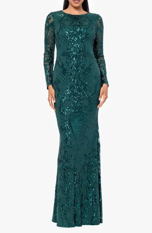 Betsy & Adam Sequin Long Sleeve Mermaid Gown