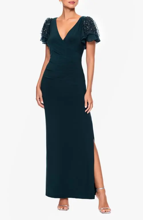 Betsy & Adam Sequin Flutter Sleeve Gown
