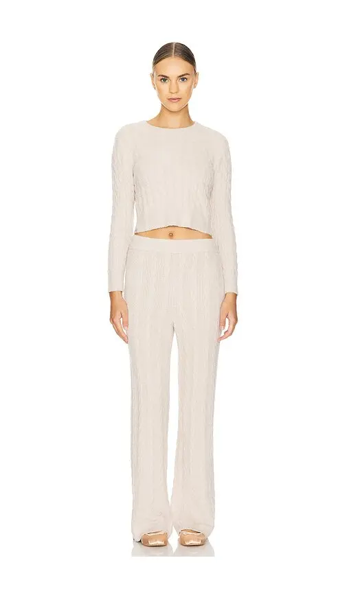Barefoot Dreams X Cozychic Lite Cable Pullover & Pant Set In Cream - Stone