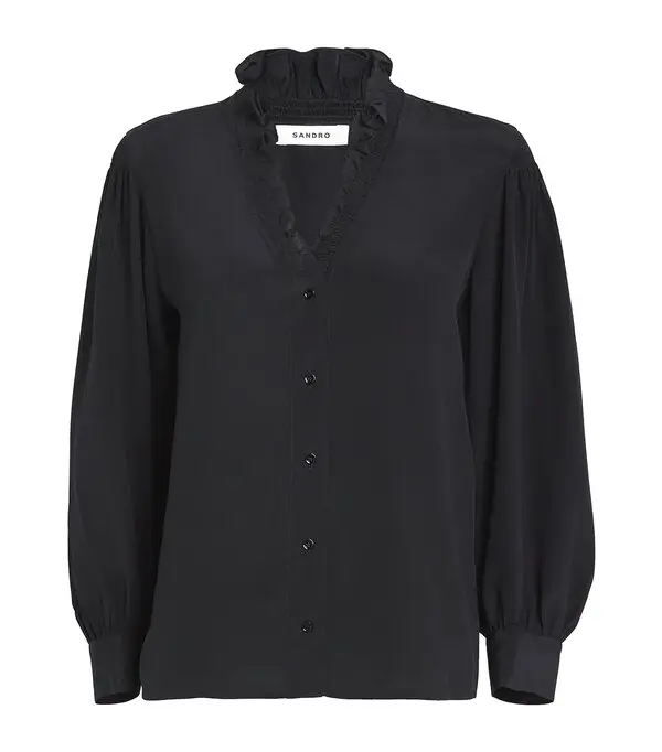 Sandro Silk Ruffle Collar Shirt - Black