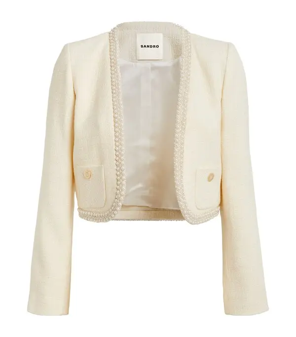 Sandro Tweed Beaded Cropped Jacket - Beige