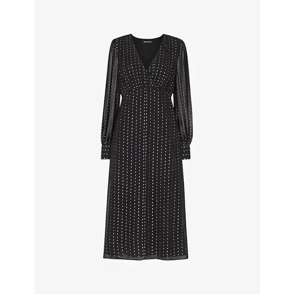 Whistles Metallic-stripe Long-sleeve Woven Midi Dress - Black