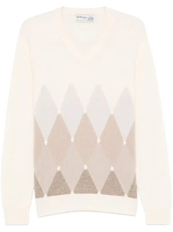 BALLANTYNE Argyle V-neck Sweater - Neutrals