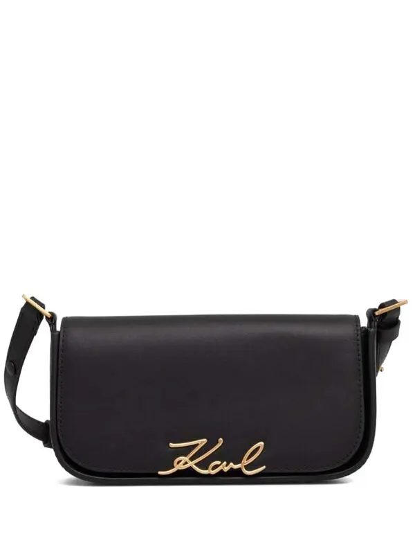 Karl Lagerfeld Signature Leather Shoulder Bag - Black