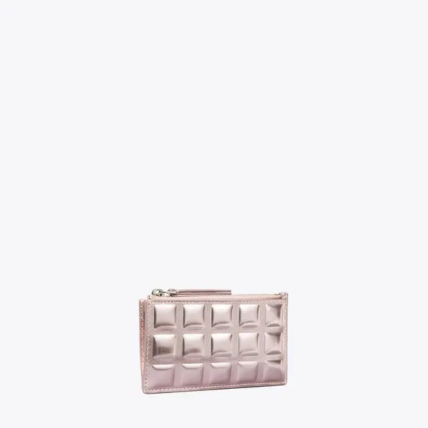 Tory Burch Fleming Metallic Square Quilt Zip Card Case - Sparkle Pink