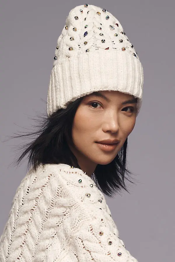 Anthropologie Pearl & Rhestone Embellished Beanie In Beige  display picture 1