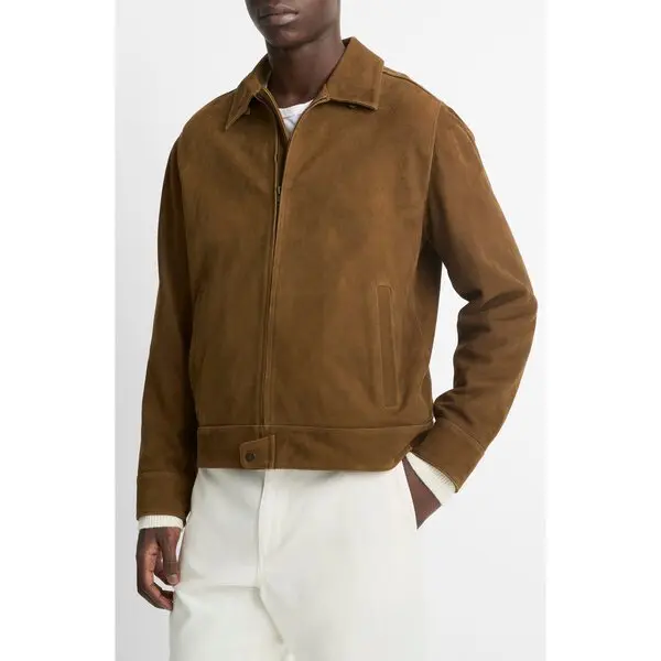Vince Suede Short Jacket With Removable Genuine Shearling Collar