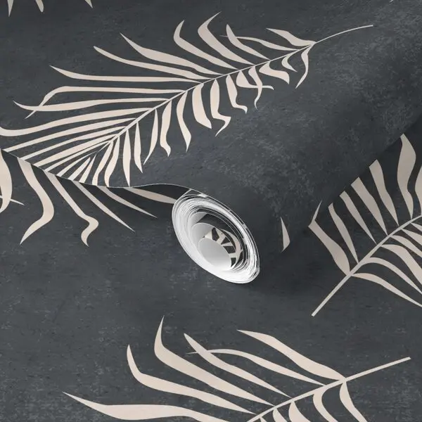 Spoonflower Palm Fronds Bone On Charcoal Custom Removable Wallpaper - Gray,white