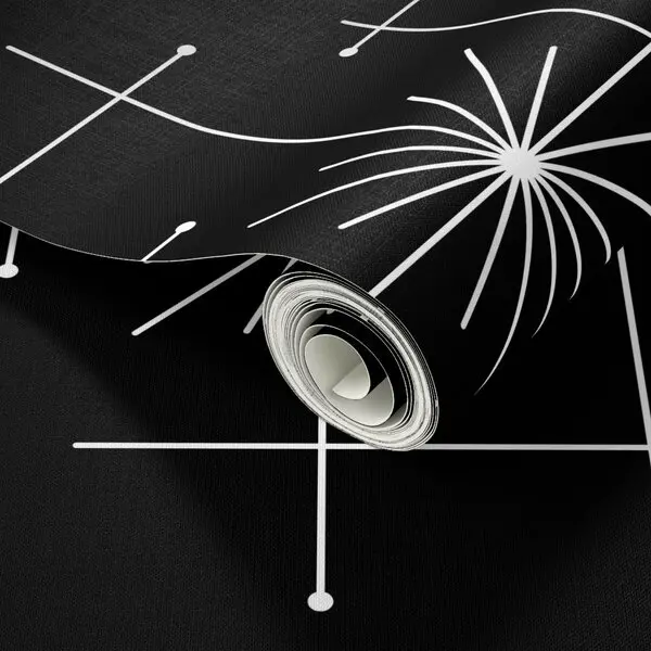 Spoonflower Black And White Modern Space Age Dark Starburst Custom Pre-pasted Wallpaper