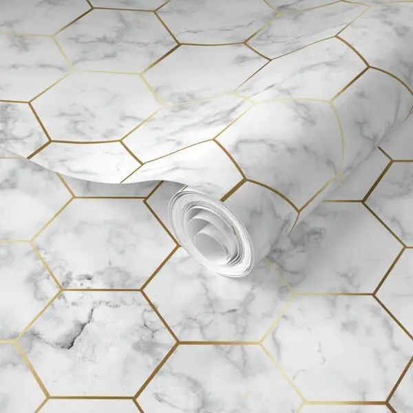 Spoonflower Marble Hexagon Tile And Gold Carrera Chevron Hex Custom Removable Wallpaper - White,gold,yellow