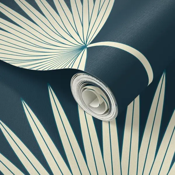 Spoonflower Boho Avant Garde Tropical Leaves Fan Palm Midnight Custom Pre-pasted Wallpaper