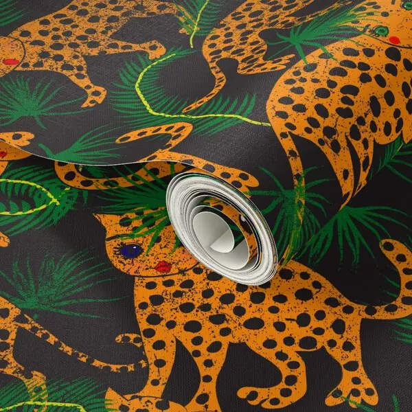 Spoonflower Black Green Animals Cat Jungle Africa Leopard Custom Pre-pasted Wallpaper - Black,brown,green