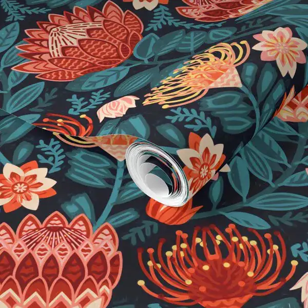 teal and orange floral wallpaper