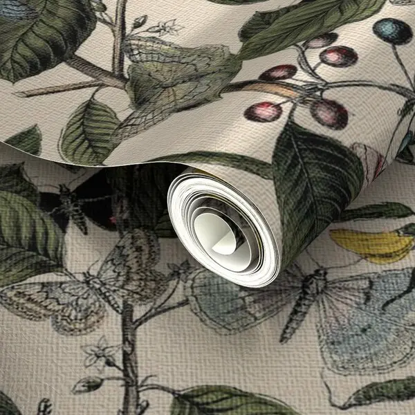 Spoonflower Butterflies Butterfly Plants Autumn Fall Bugs Custom Pre-pasted Wallpaper - Beige