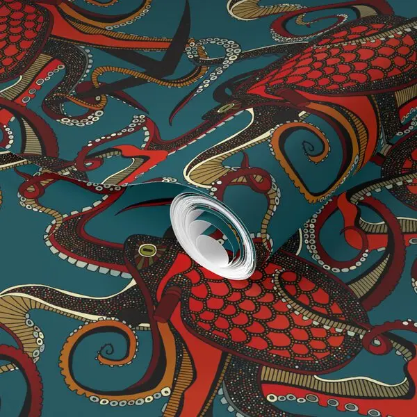 Spoonflower Octopus Ink Teal Ocean Anchor Steampunk Red Blue Custom Removable Wallpaper - Blue,red,teal
