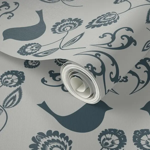 Spoonflower Bird With Warm Grey Back Custom Pre-pasted Wallpaper - Gray,blue