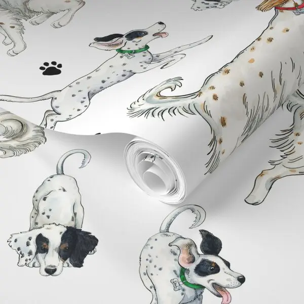 Spoonflower Green Red Puppy Dogs Pets Playful Traditional Wallpaper