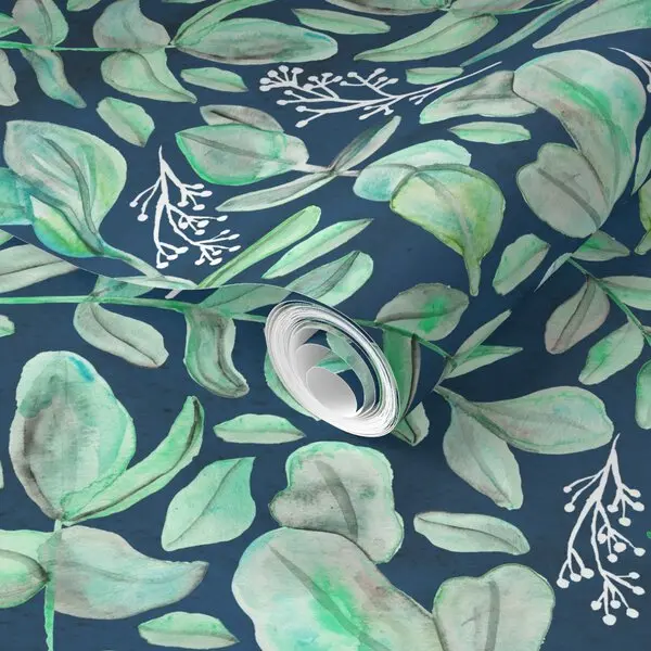 Spoonflower Eucalyptus Garden Navy Small White Blue Trees Custom Pre-pasted Wallpaper - Green,blue,mint