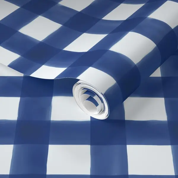 Spoonflower Navy Watercolor Gingham Buffalo Check Checked Grid Traditional Wallpaper