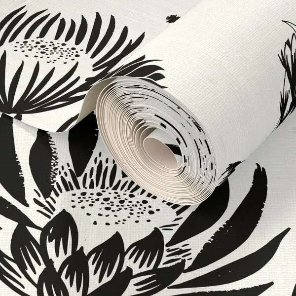 Spoonflower Black And White Large Scale Botanical Hand Painted Custom Pre-pasted Wallpaper