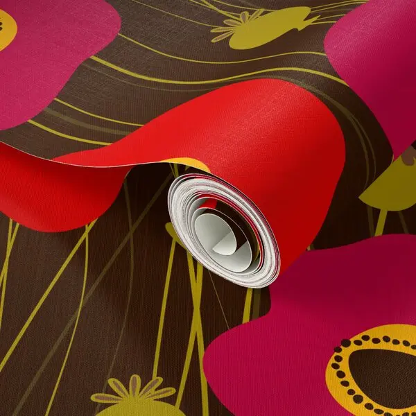 Spoonflower Poppies Floral Nature Bloom Spring Botanical Red Traditional Wallpaper - Red,brown