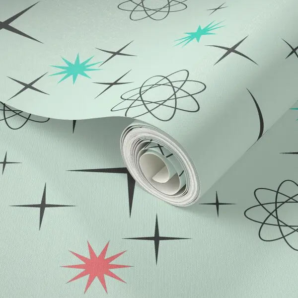 Spoonflower Atomic Mint Mid Century Modern Retro Stars Science Custom Removable Wallpaper - Green,black,mint