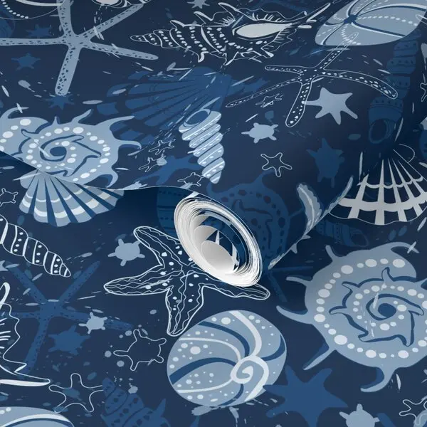 Spoonflower Summer Waves Splash Ocean Shells Custom Pre-pasted Wallpaper - Blue