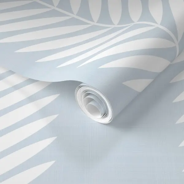 Spoonflower Stripe Blue Leaves Stripes Light Blue Vine Neutral Custom Pre-pasted Wallpaper - Blue,white,gray