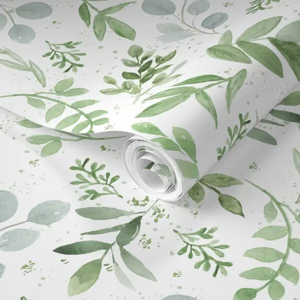 Spoonflower Green Soft Eucalyptus Watercolor Smaller Leaves Custom Pre-pasted Wallpaper - Green,white,mint