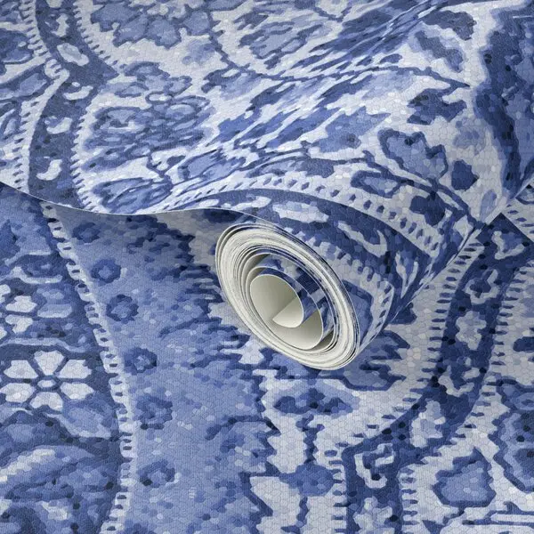 Spoonflower Floral Paisley Victorian Mosaic Damask And Custom Removable Wallpaper - Blue