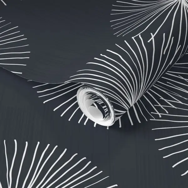 Spoonflower Dandelions Navy Black Dark Grey Blue Dandelion Custom Pre-pasted Wallpaper - Blue,white,gray