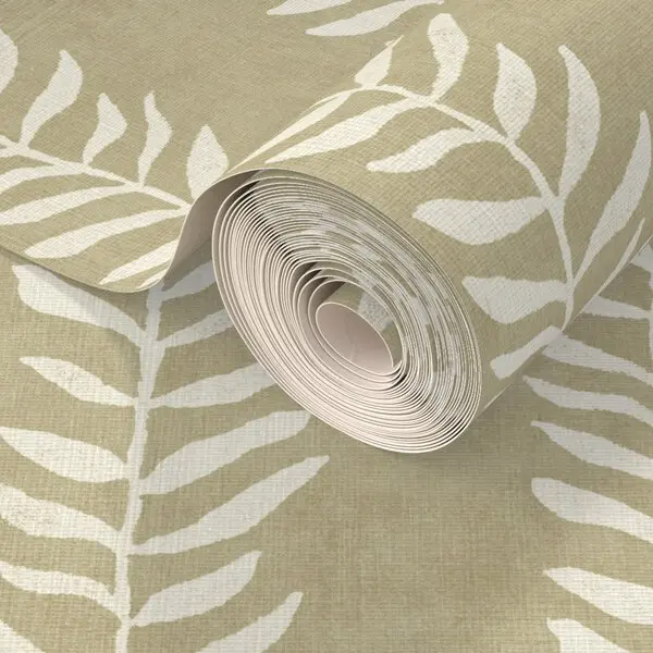Spoonflower Botanical Block Print Cream Gold Leaf Pattern 100% Natural Sisal Grasscloth Wallcovering