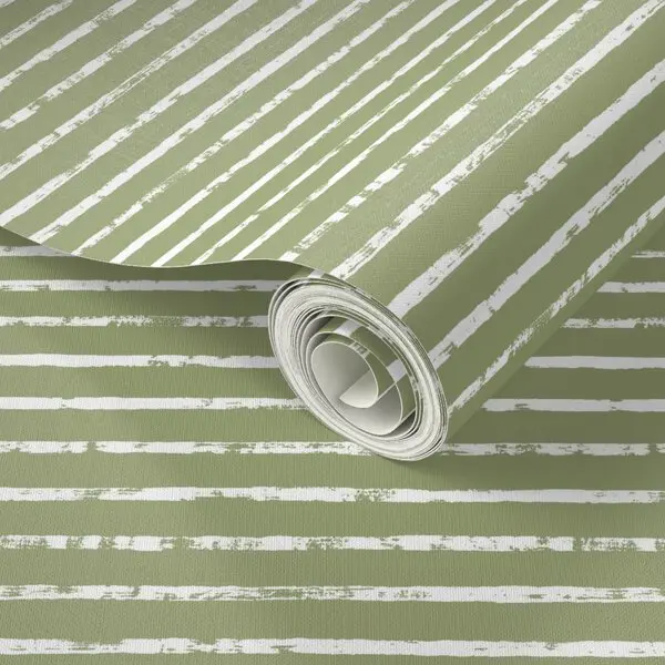 Spoonflower Stripe Abstract Stripes Sage Striped Olive Custom Pre-pasted Wallpaper - Green,gray,sage