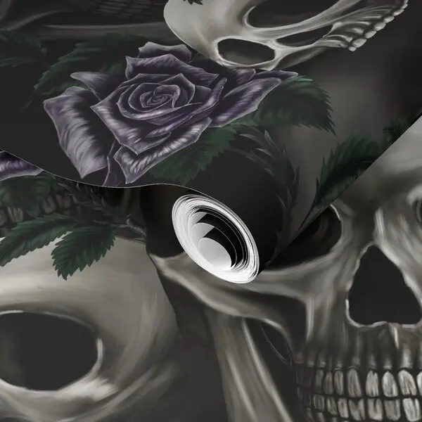 Spoonflower Black And White Dark Gothic Skulls Skeleton Bones Traditional Wallpaper