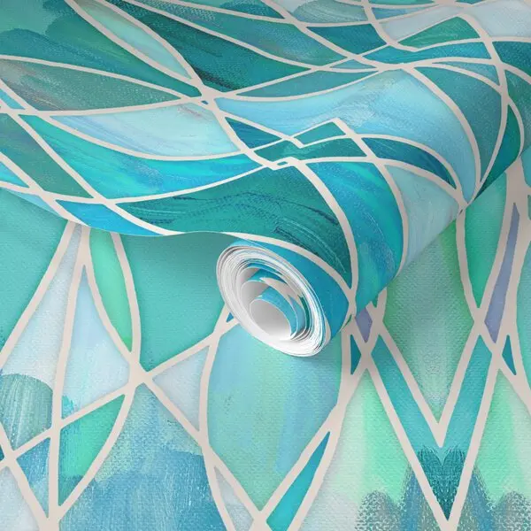 Spoonflower Teal Aqua Mint Green Abstract Painting Texture Custom Pre-pasted Wallpaper - Blue,green,turquoise