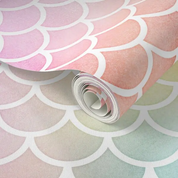 Spoonflower Pastel Watercolor Scale Pattern Kawaii Custom Pre-pasted Wallpaper - Rainbow