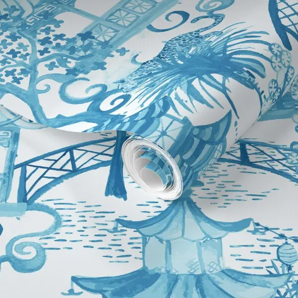 Spoonflower Chinoiserie Leopard Pagoda Toile Aqua Blue Custom Removable Wallpaper - Blue,white