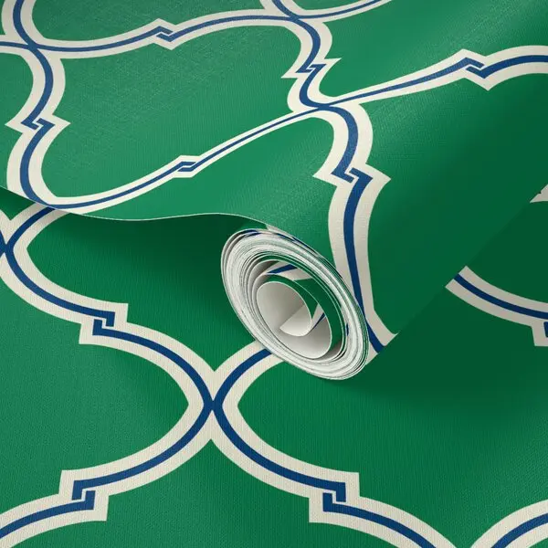 Spoonflower Trellis Preppy Green Navy Quatrefoil Moroccan Ogee Traditional Wallpaper - Green,blue,mint