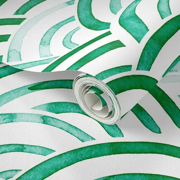 Spoonflower Green Spring Watercolor Rainbows Emerald Greenery Custom Pre-pasted Wallpaper - Green,white,mint