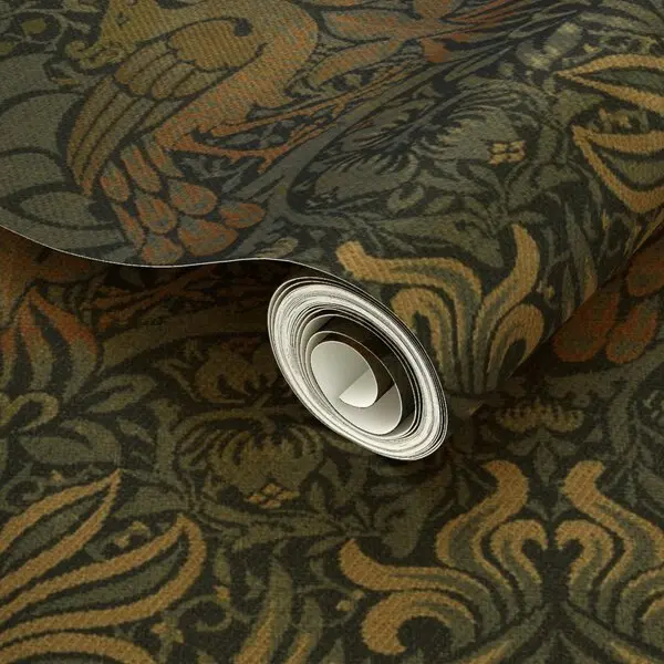 Spoonflower Bird Blue Leaves Medieval Antique Victorian Custom Pre-pasted Wallpaper - Blue,gray
