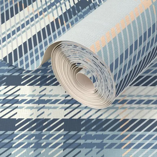 Spoonflower Blue And Plaid 100% Natural Sisal Grasscloth Wallcovering - Blue,gray,grey