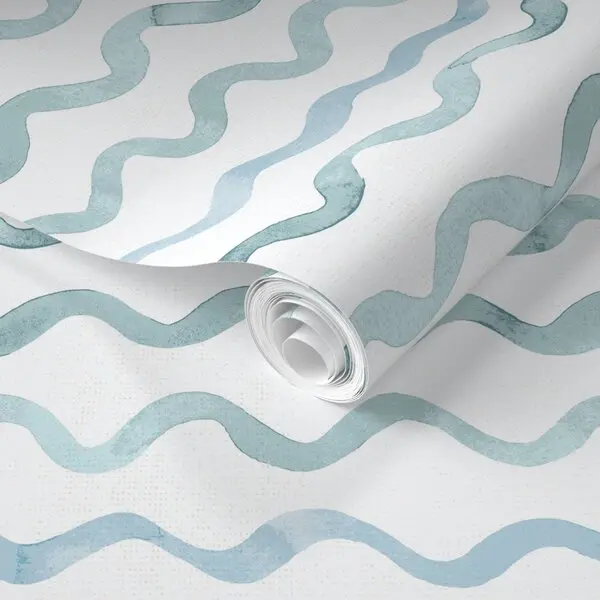Spoonflower White Blue Sunset Light Navy Summer Beach Custom Pre-pasted Wallpaper - Blue,gray,green