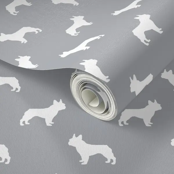 Spoonflower Dog Dogs French Bulldog Frenchie Silhouette Custom Removable Wallpaper - Blue,white,gray