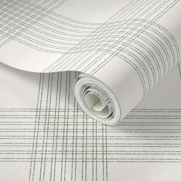 Spoonflower Sage Green Plaid Modern Large And Cream Custom Pre-pasted Wallpaper - Green,gray,sage