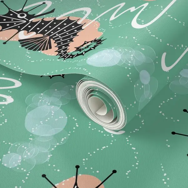 Spoonflower Vintage Retro Seahorse Summer Beach Ocean Nautical Custom Pre-pasted Wallpaper - Green,gray,beige