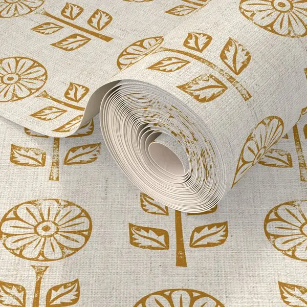 Spoonflower Block Floral Mustard Natural Lad21 100% Natural Sisal Grasscloth Wallcovering - Yellow