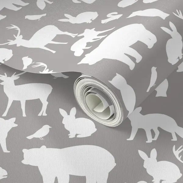 Spoonflower Woodland Party Gray Big White Bear Deer Stag Custom Pre-pasted Wallpaper - Gray,white