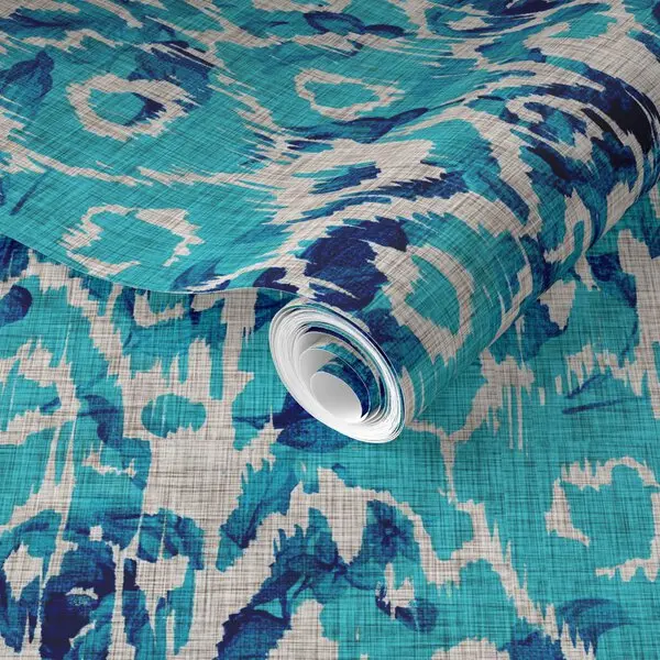 Spoonflower Ikat Peacock Blue Animal Print Tropical Abstract Custom Pre-pasted Wallpaper - Blue,gray
