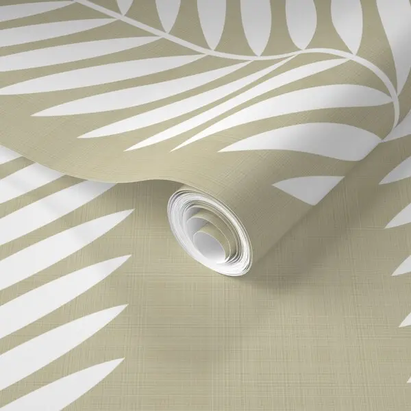 Spoonflower Stripe Leaves Stripes Vine Tan Neutral Beige Custom Pre-pasted Wallpaper - Beige,white,gray