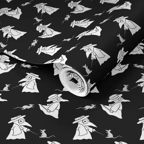 Spoonflower Cute Medieval Halloween Spooky Medical Chibi Rat Traditional Wallpaper - Black,white,gray